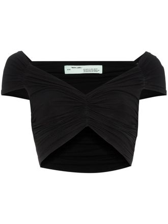 Off-white top crop fronc&eacute; &agrave; col v - Noir