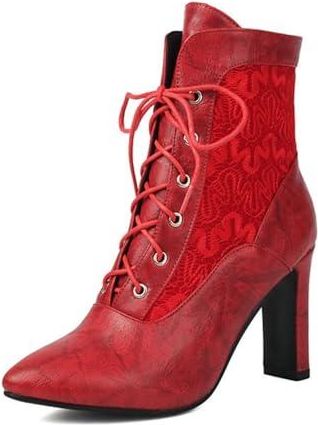 Generic Bottines à lacets rétro patchwork pour femme Bout pointu Talon épais Chaussures élégantes pour fête banquet, Rouge, 40.5 EU