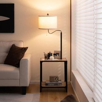 Costway Costway - Lampadaire sur Pied Salon avec Table dAppoint 2 Port usb et Bras de Lampe Rotatif &agrave; 360&deg;, Lampe Salon sur Pied 144 cm avec 2 &Eacute;tag&egrave;res