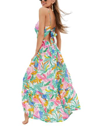 Cupshe Damen Maxikleid, Blumendruck, Twisted V-Ausschnitt, ärmelloses langes Kleid, Sommer, Casual-Kleid, pink tropical, XX-Large