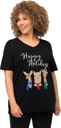 Ulla Popken Damen, V-Neck, Christmas Tiere T-Shirts, schwarz, 54-56
