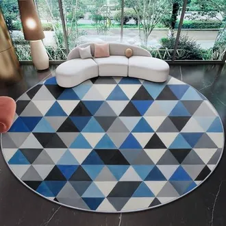 Generic Tapis Salon Rond Motif G&eacute;om&eacute;trique en Forme de Grille Triangles Lignes, Bleu Gris Int&eacute;rieur Tapis De Chambre Rond, Lavable Antid&eacute;rapant Moquette Ronds