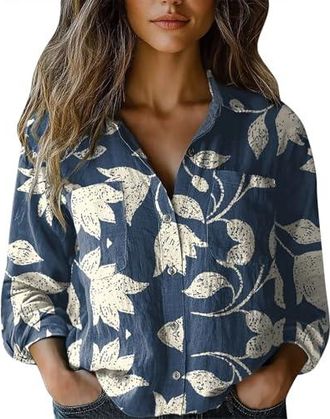 Generic HUIFUAO Chemise Femme Lin Coton Manche Longue Shirt Grande Taille Chemise et Blouses Chic et &eacute;l&eacute;gant Haut Basique Imprim&eacute; Tunique Tops avec Poche (A03