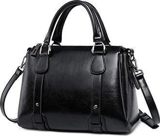 Generic Sac &agrave; main en cuir v&eacute;ritable pour femme avec poign&eacute;e sur le dessus, sac &agrave; bandouli&egrave;re tendance avec fermeture &eacute;clair, Noir, Large