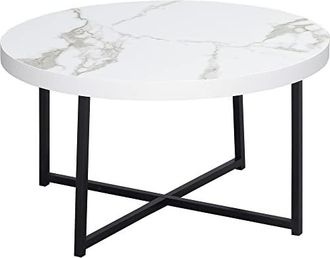 HOMCOM Table basse ronde avec plan de travail en marbre et cadre en métal pour bureau chambre à manger style moderne 80 x 80 x 45 cm Blanc