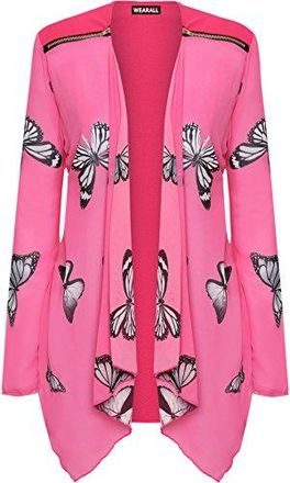 WearAll Femmes Plus Longue Manche Mousseline De Soie Papillon Imprimer Pur Cardigan Haut - Cerise - 46