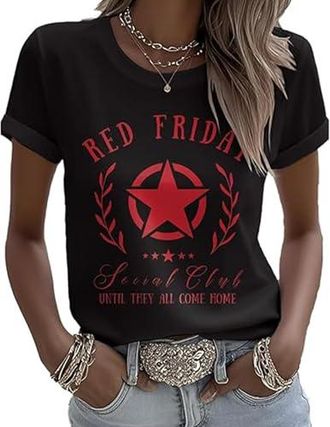 Generic Red Friday Star T-shirt d&eacute;contract&eacute; &agrave; manches courtes et col rond pour femme, Noir, XXL
