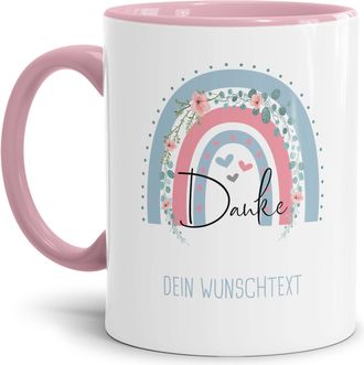 Tassendruck Tasse selbst gestalten - Danke mit Regenbogen Motiv - Text/Name Bedrucken - Geschenk Familie, Kinder - Keramik Innen & Henkel Rosa, 300 ml I Personali