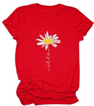 Generic T-shirt pour femme avec col rond et imprim&eacute; marguerite, coupe ample, style d&eacute;contract&eacute; et chic printemps/&eacute;t&eacute;, RD2, XXL