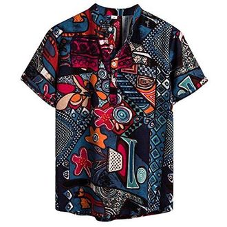 Generic Chemise hawa&iuml;enne boutonn&eacute;e &agrave; manches courtes pour homme, chemise d&eacute;contract&eacute;e pour l&eacute;t&eacute;, les vacances, la plage, bleu, XXL