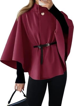Generic Ponchos à manches chauve-souris pour femmes, manteau en laine élégant avec ceinture surdimensionnée, rouge vin, Taille unique