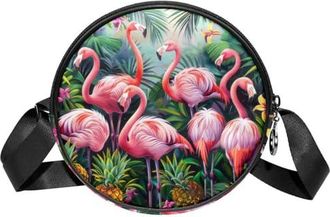 Generic Sac &agrave; bandouli&egrave;re rond pour femme, motif ananas et flamant rose, petit sac &agrave; bandouli&egrave;re avec fermeture &eacute;clair, bretelles r&eacute;glables, sac &agrave; main rond d