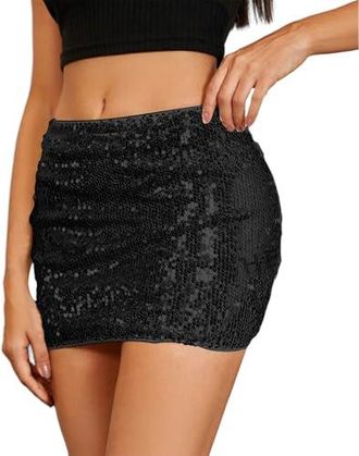 Minetom Jupe &Agrave; Paillettes Scintillante pour Femme Mini Jupe Moulante pour F&ecirc;te Spectacle Carnaval Crayon Taille Haute Skirt A Noir XS
