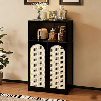 Generic Vintage-Sideboard aus Rattan mit gew&ouml;lbten Schrankt&uuml;ren Offene Regalb&ouml;den + geschlossene Stauf&auml;cher Teeschrank for zu Hause und Aufbewahrungsm&ouml;bel for