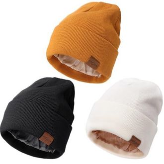 Dreshow Bonnet dhiver Doubl&eacute; de Satin pour Femme Homme Doux et Chaud Bonnet Hiver avec Doublure Soyeuse Tricot&eacute; Chapeau avec Satin Doubl&eacute; Beanie Unisexe