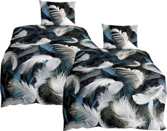 JACK by Kaeppel Mako Satin 4 TLG. Digitaldruck Bettwäsche Federn Feathers Anthrazit Weiß Petrol Gold, Größe:155x220cm Bettwäsche