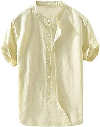 Generic Chemise Henley en coton et lin pour homme - Chemisier ample &agrave; manches en coton m&eacute;lang&eacute; - Chemises courtes - Chemisier r&eacute;tro l&eacute;ger pour homme, kaki, 3X