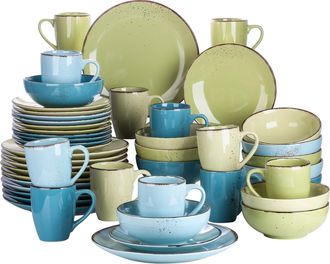 VANCASSO NAVIA Keramikgeschirr-Set, 48-teiliges Steinzeug-Set f&uuml;r 12 Personen, gesprenkelt, mit Speisetellern, Salattellern, Sch&uuml;sseln, Tassen, mehrfarbig