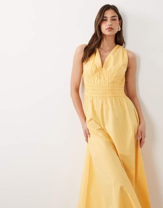 Nobody's Child Angelica - Robe mi-longue sans manches en coton &agrave; col V et corsage fronc&eacute; - Jaune