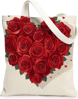 Generic Sac fourre-tout en toile pour la Saint-Valentin - Motif floral rose - 33 x 38 cm - R&eacute;utilisable - Motif floral romantique - Pour femme - D&eacute;coration de