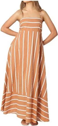 Generic Robe longue boh&egrave;me 2026 pour femme, robe longue &agrave; rayures et sans manches, avec d&eacute;coupes &eacute;vas&eacute;es, dos nu, bretelles spaghetti, kaki, S
