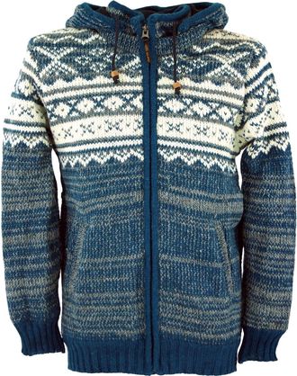Guru Shop Unisex Strickjacke mit Norwegermuster, Wolljacke, Nepaljacke Blau - Modell 22, Herren, Wolle, Size:XXL