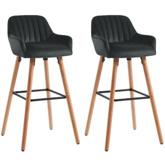Vente-Unique Vente-unique - Lot de 2 tabourets de bar en velours et pieds bois de h&ecirc;tre - Noir - eleana