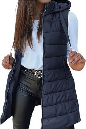 Generic Manteau gilet Long for femmes, veste rembourr&eacute;e de Style Parka sans manches, gilet long matelass&eacute; &eacute;pais for lautomne et lhiver(Dark blue,4XL)