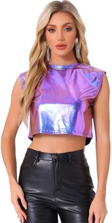 Allegra K Débardeur Métallique Femme Col Rond Haut Court Holographique Top Soiré Brillant sans Manches Tenu de Fête Bleu Violet XS