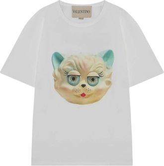 Valentino Garavani Homme, Tops, Blanc, Taille: M T-shirt en coton avec imprim&eacute; Le Chat de la Maison