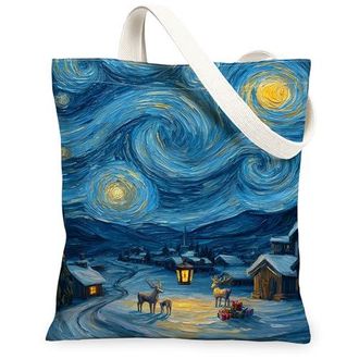 Generic Sac fourre-tout en toile avec motif renne dhiver, motif nuit &eacute;toil&eacute;e, l&eacute;ger, lavable, respectueux de lenvironnement, pour le shopping, les voyages, la