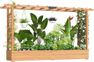 OUTSUNNY Jardini&egrave;re sur&eacute;lev&eacute;e - Outsunny - avec treillis lat&eacute;ral et sup&eacute;rieur, trous de drainage - pour plantes grimpantes - bois naturel