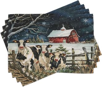 Abakuhaus Platzmatten, Scheunenkühe Schnee Weihnachtsnacht, Waschbare Stoff Esszimmer Küche Tischdekorations Digitaldruck, Beige Hellgrau Hell Rubine