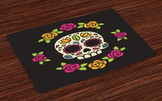 Abakuhaus Zuckerschädel Platzmatten, Dia de Los Muertos-Konzept-Bunte Grafikschädel-Zahl mit Blumenkranz, Tiscjdeco aus Farbfesten Stoff für das Esszimmer und K