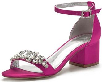 Generic Sandale À Talons Femme Satin Chaussures De Mariage Mariée Bout Ouvert Bas Sandales Satinée Chunky Heels 5.5Cm,Rose Red,39 EU