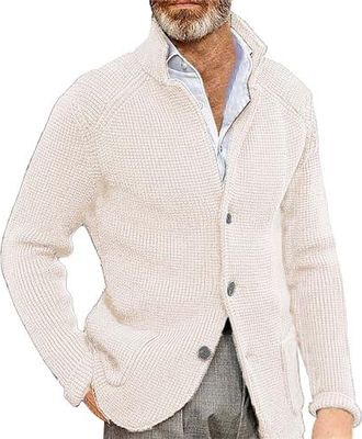 Generic Cardigan en tricot torsadé pour homme - Col montant - Pull en laine épaisse - Chaud - Couleur unie - Bouton - Coupe ajustée - Vêtement dextérieur déco