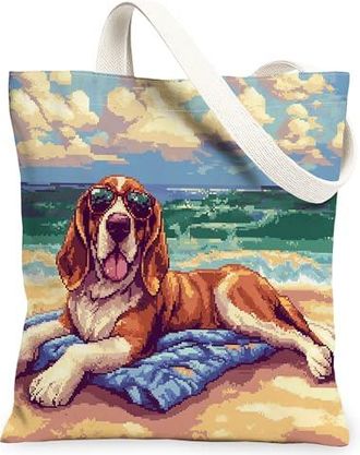 Generic Sac fourre-tout en toile motif chien pitbull d&eacute;t&eacute; pour faire du shopping, 33 x 38,1 cm, sac d&eacute;picerie r&eacute;utilisable pour femme, peinture esth&eacute;tique, d&eacute;