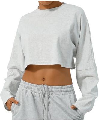 Generic 2026 - Sweat-shirt court Preppy à manches longues pour femmes, T-shirts courts athlétiques amples 2024, gris, XL