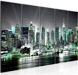 Runa Art Wandbild XXL New York City Wohnzimmer B&uuml;ro 200 x 80 cm T&uuml;rkis Grau 5 Teilig - Made in Germany - 605555c