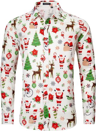 Hisdern Weihnachtshemd Herren Langarm Lustige Weihnachtsmann Hemden Funky Christmas Button Down Hemd Regular Fit Weiß XL