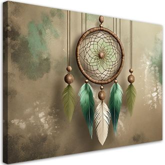 Feeby Wandbild - Wohnzimmer Modern Deko - Traumfänger Boho Beige - 120x80 1tlg - Bilder Leinwand - Bild auf Leinwand Schlafzimmer - Leinwandbilder für die W