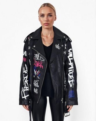 Trueprodigy Lederjacke Anya Graffitiprint,asymmetrischer Rei&szlig;verschluss und Reverskragen