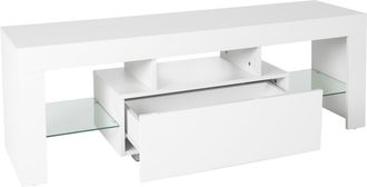 ML Design ML-Design TV Lowboard aus Holz mit LED-Beleuchtung und Glasregal für Fernseher, Modernes Fernsehtisch, 130x49x45cm, Weiß, Griffloses Design, Fernsehsc