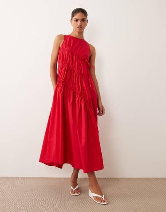 Ghospell Robe mi-longue fronc&eacute;e sans manches avec cordon de serrage - Rouge