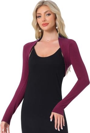 Allegra K Damen Bolero Langarm Festlich Crop Strick Jacke Einfarbig Baumwolle Elegant Schulterjacke Weinrot XS