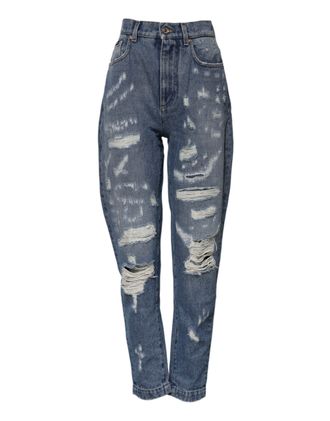 Dolce & Gabbana Womens Blue Amber Tattered High Waist Denim Jeans Clothing
