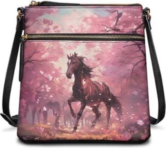 Coloranimal Sac &agrave; bandouli&egrave;re pour femme - Sac &agrave; bandouli&egrave;re &agrave; fermeture &eacute;clair - Sac &agrave; bandouli&egrave;re l&eacute;ger en cuir synth&eacute;tique, Cheval en fleurs de cerisier