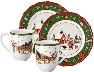 Hutschenreuther grünes Happy Wintertime Christmas Set, Porzellan, Weihnachtsdekoration, Mehrfarbig, 4-teiliges Set mit 2 Weihnachtstassen und 2 Tellern, mikrowellen- 