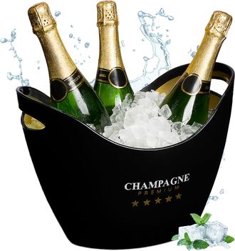 Relaxdays Sektkühler, Flaschenkühler, 8l Volumen, Getränke kühlen, Champagnerkühler HxBxT: 25,5x35x25,5 cm, schwarz/Gold