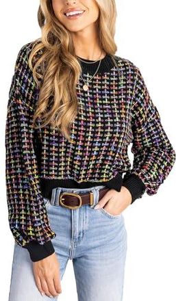 Cupshe Pull court à manches longues bouffantes pour femme - Automne et hiver - Col rond - Tricot côtelé, noir, Taille L